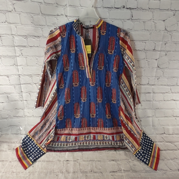 Tops | Khaadi Kurta Tunic Gold Blue Burgundy Worldly Size 1 Nwt | Poshmark